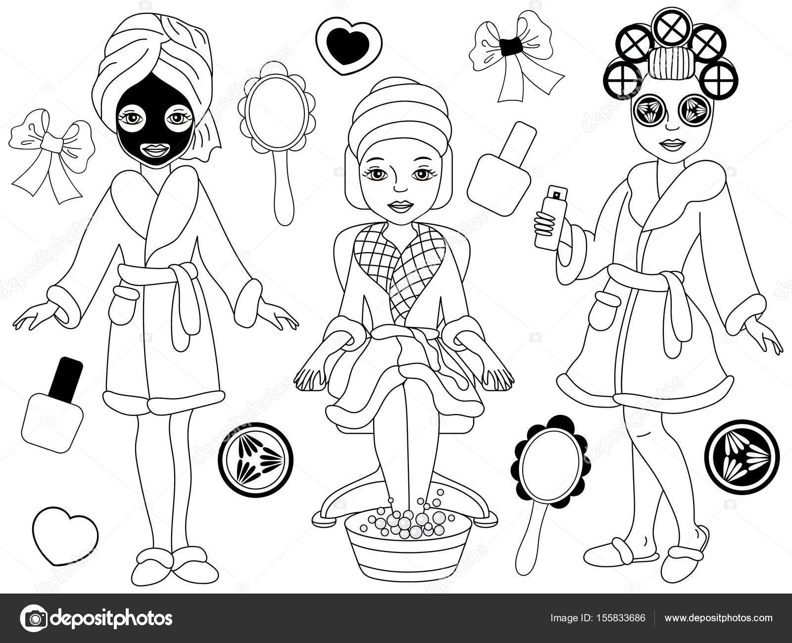 Vector Black and White Spa Girls Set. Vector Spa. Spa Girls Clipart. Spa Vector Illustration ...