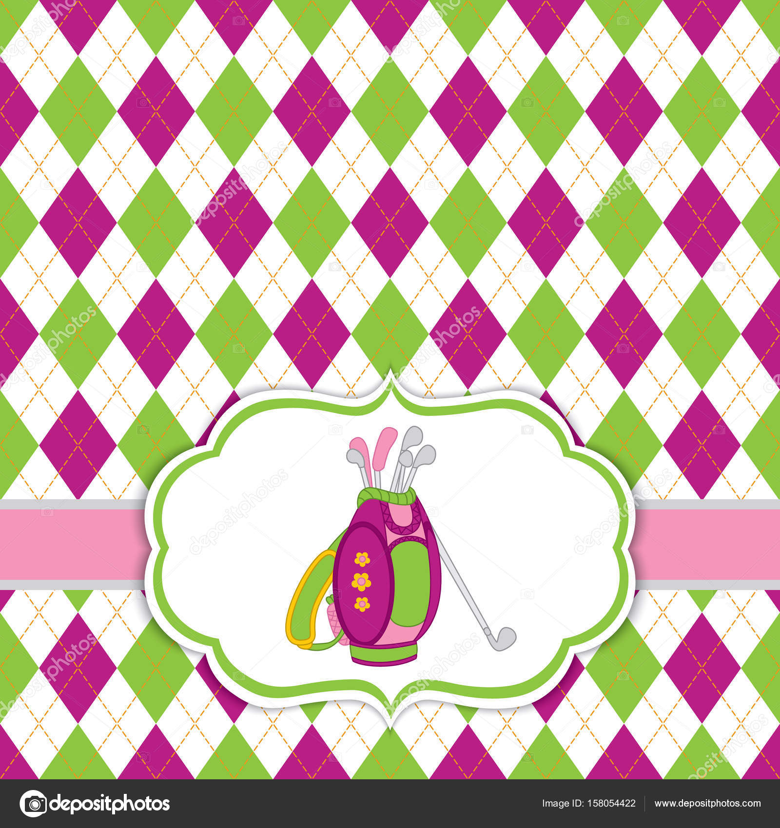 Vector Card Template with Golf Bag and Clubs. Argyle Background. Golf ...