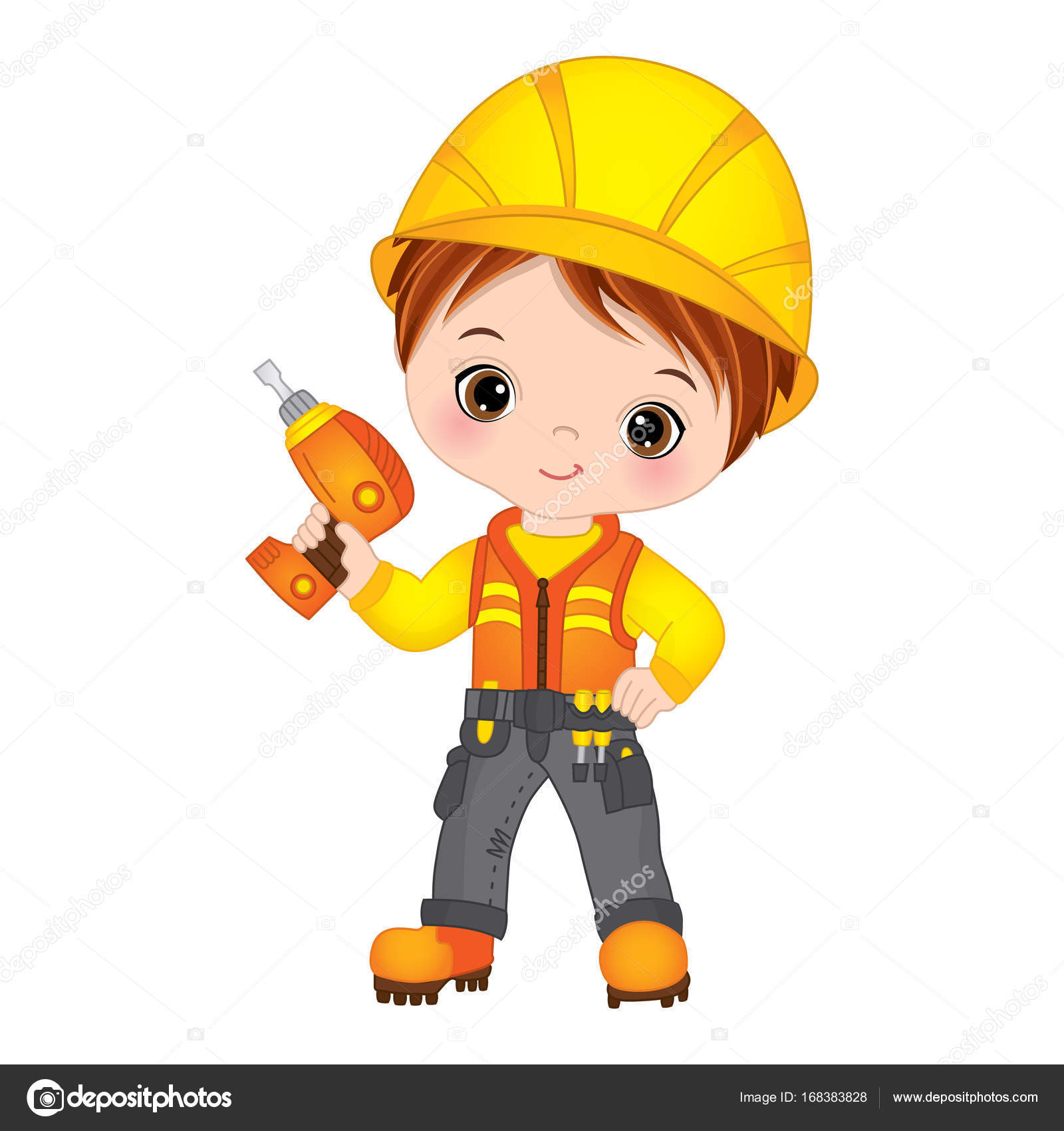 Vector Cute Little Boy Drilling. Vector Little Builder Stock Vector by ...