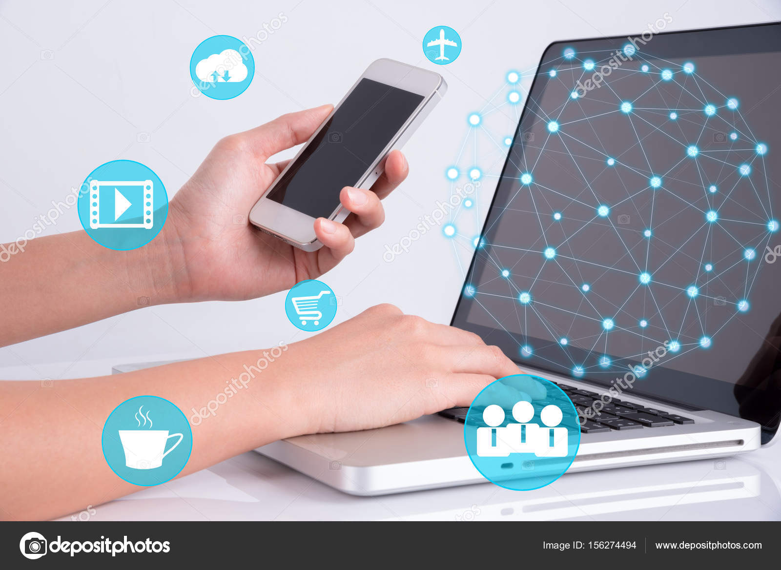 Woman hand using phone tablet and laptop — Stock Photo © kwanchaidp ...