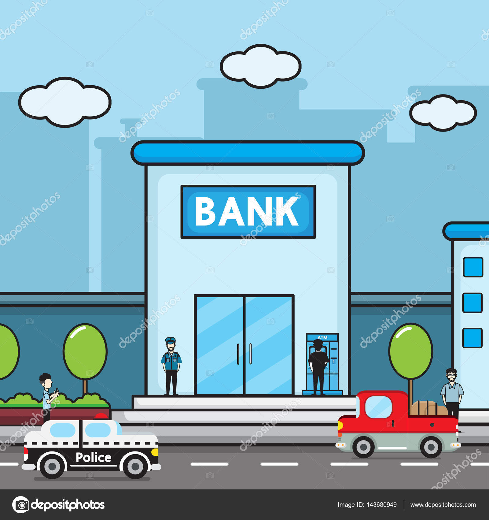 Bank Building Front View Cartoon Vector Clipart