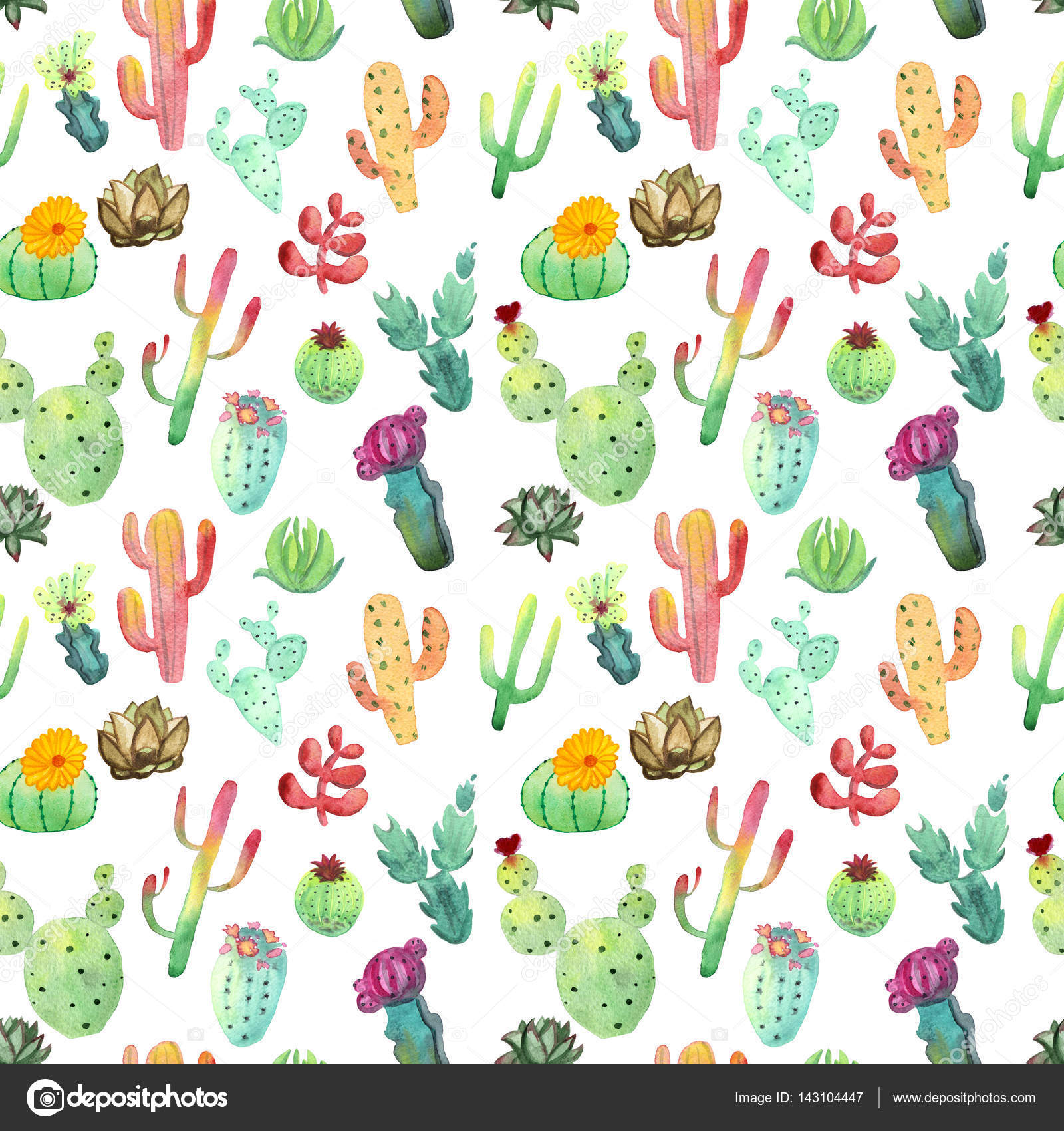 Watercolor cactus seamless pattern. Colorful vibrant cactus succulents ...