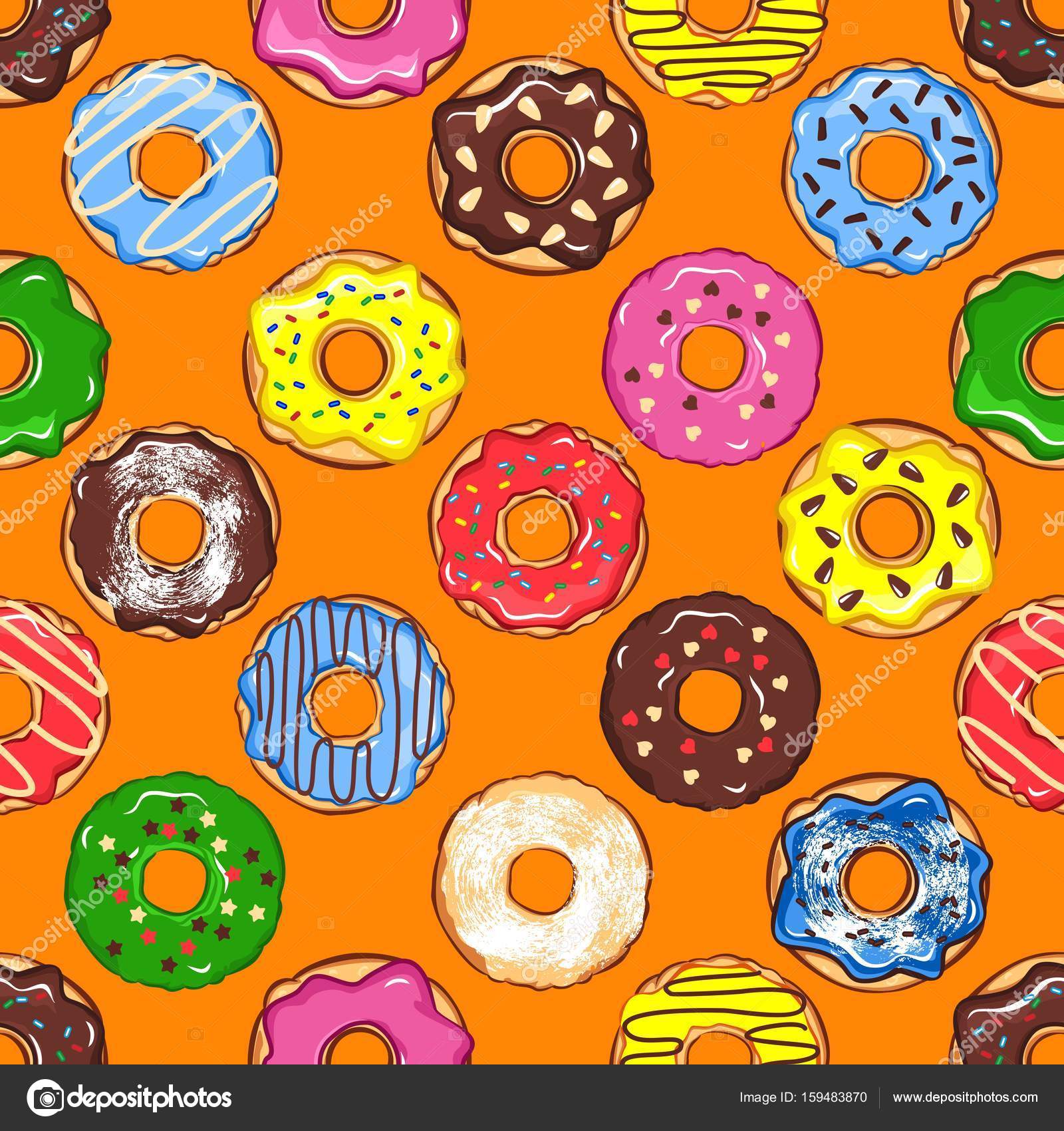 Seamless texture with different brightly colored donuts with simple ...