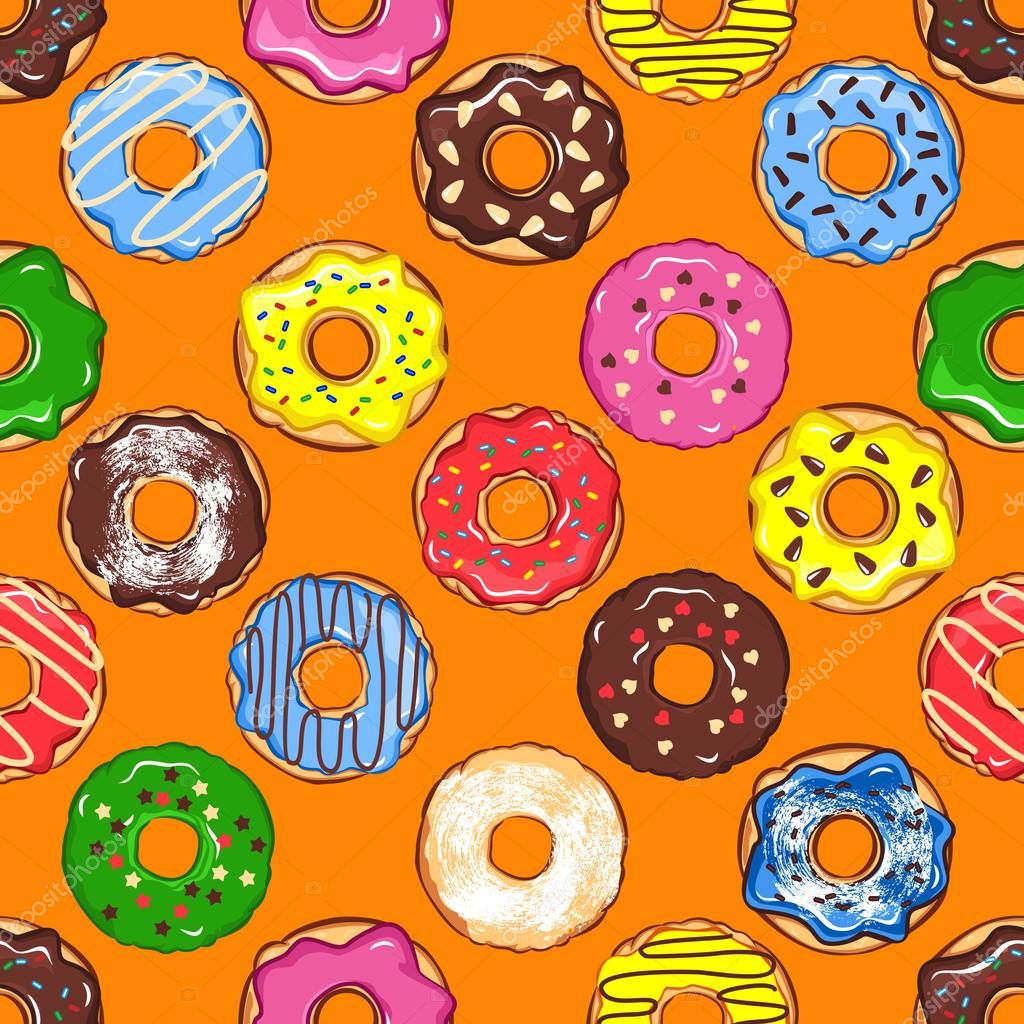 Seamless texture with different brightly colored donuts with simple ...