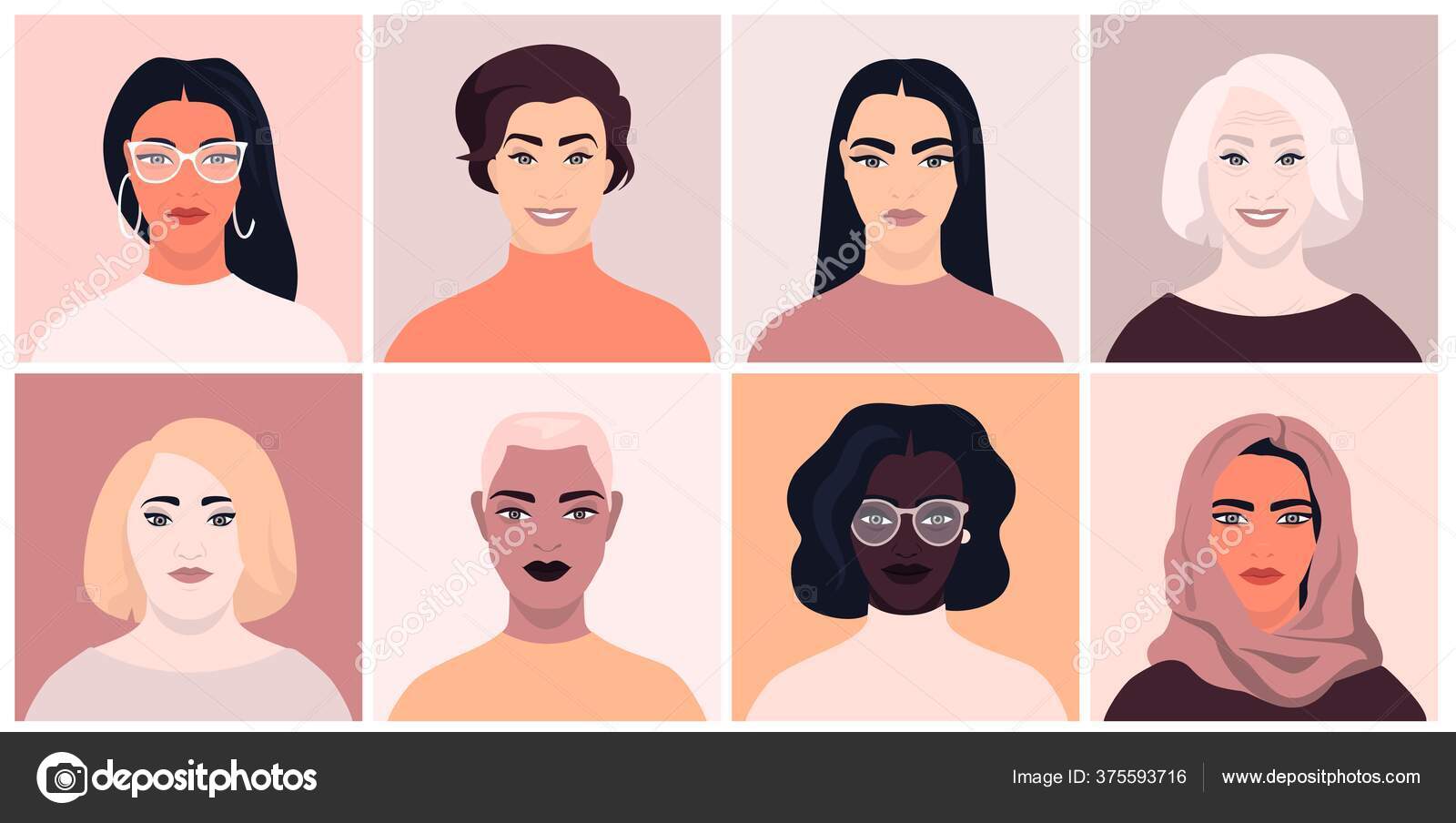 Women Different Nationalities Icon Set Social Media Vector Image ...