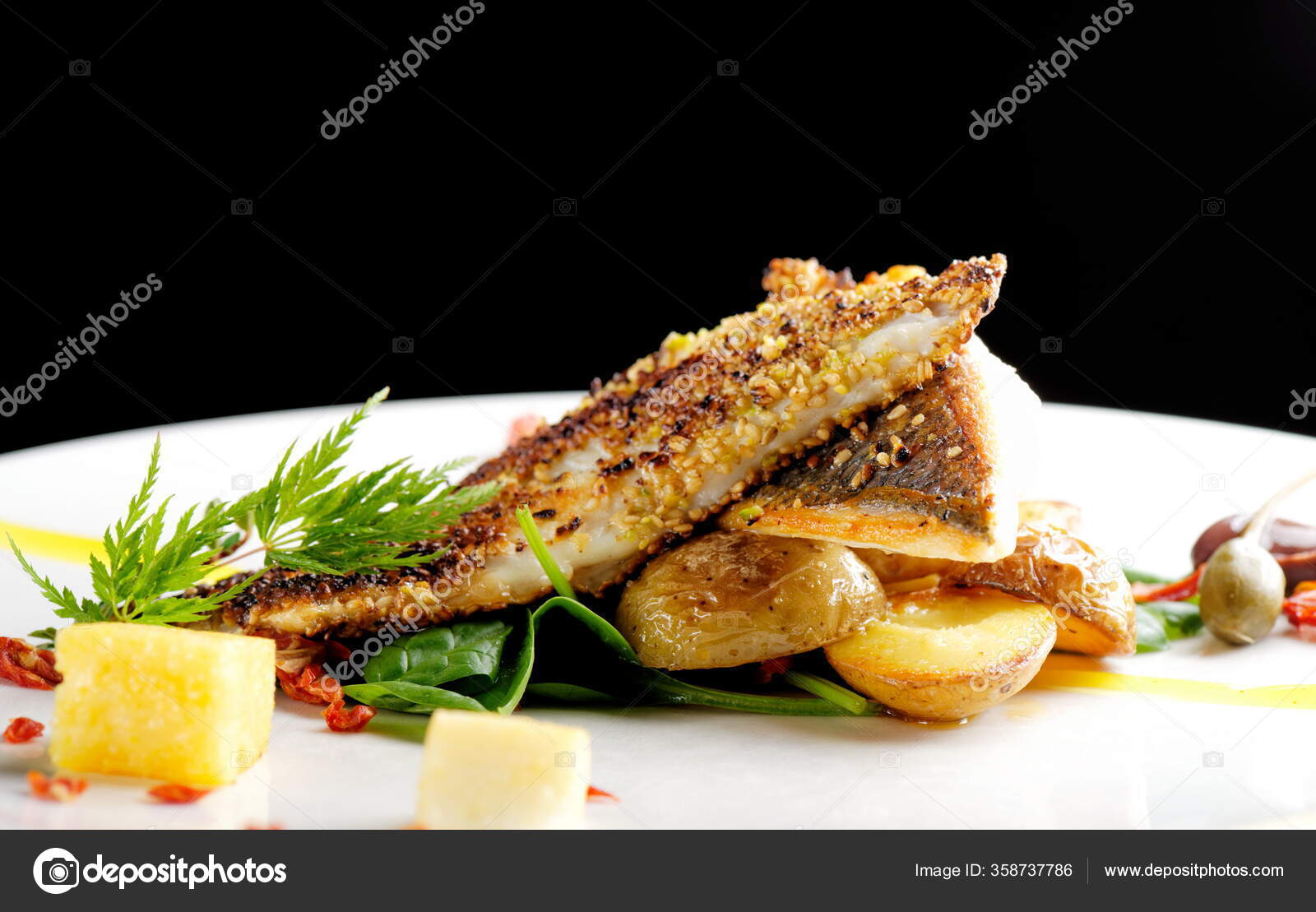 Fine Dining Seabream Fish Fillet Breaded Herbs Spice Potato Vegetable ...