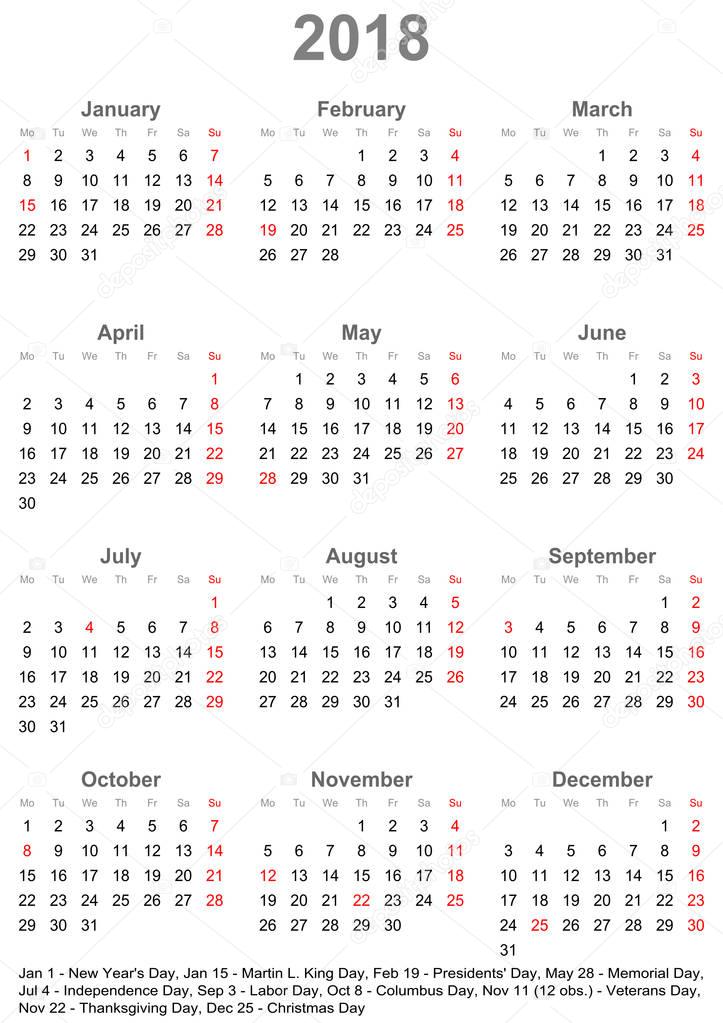Simple calendar 2018 with public holidays for USA — Stock Vector ...