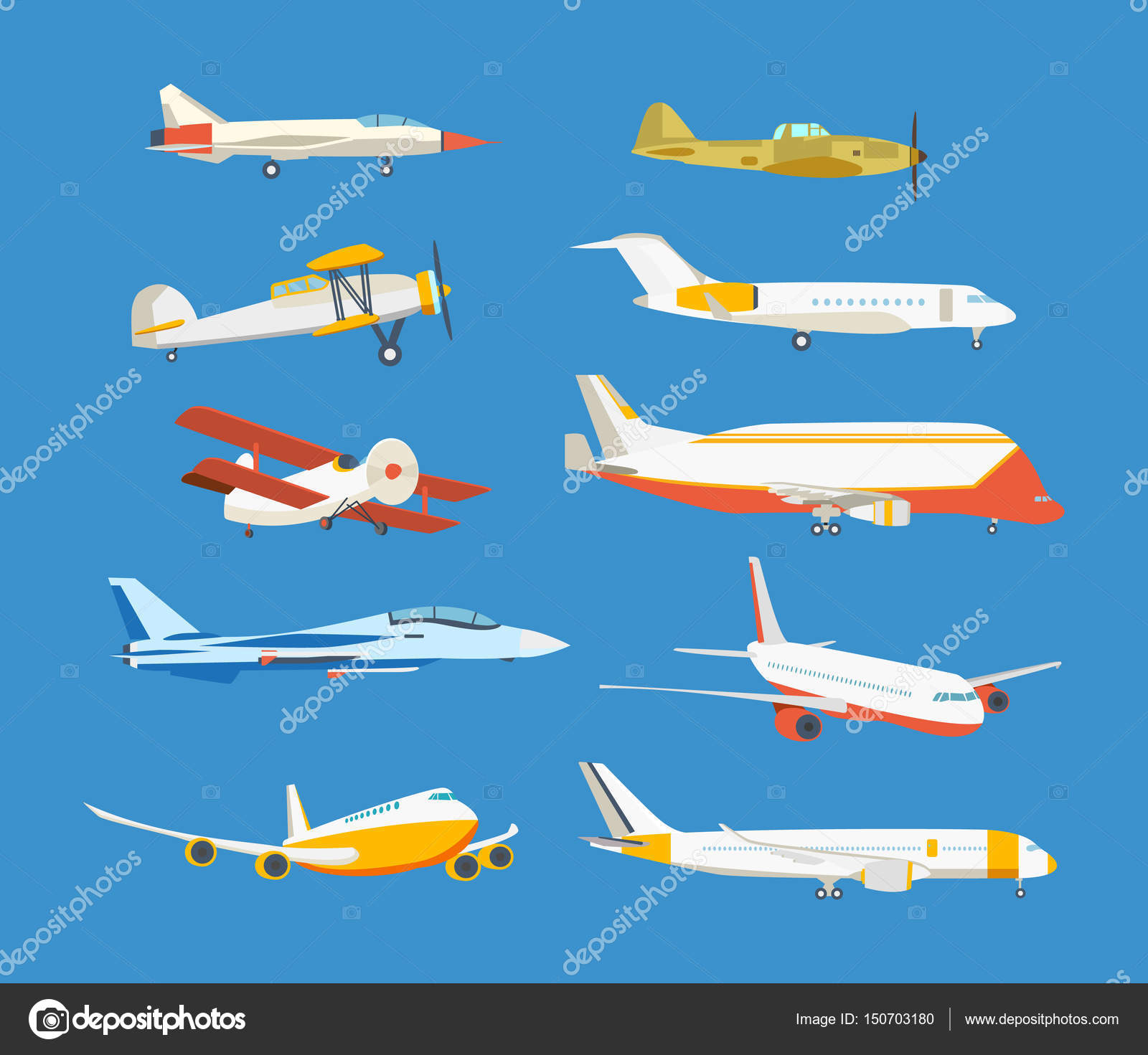 Types of airplane: passenger, civil, airbus, military, biplane ...
