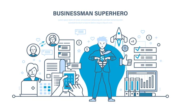 Businessman is superhero, in business clothes on background of city ...