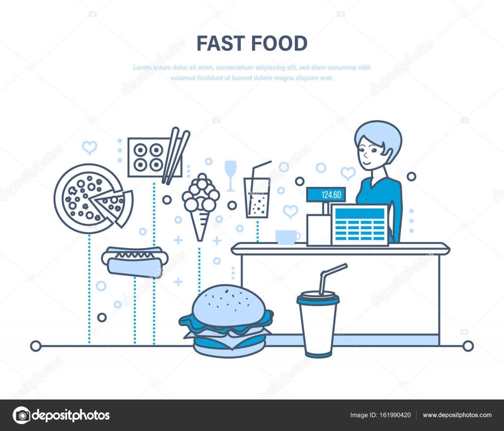 Fast food. Eating, drinks. Cashier with cash register in premise. Stock ...