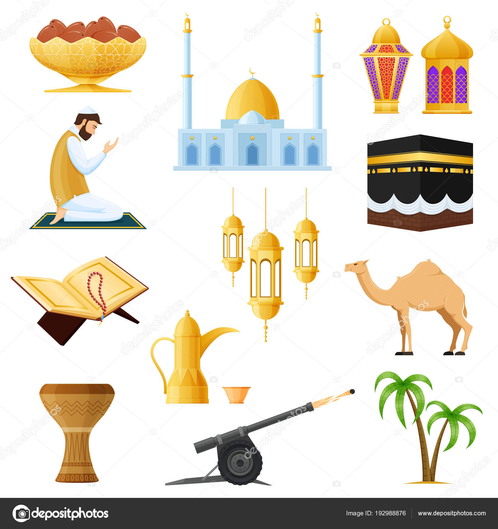 Set traditional Muslim objects in Ramadan Kareem. Traditions, worship ...