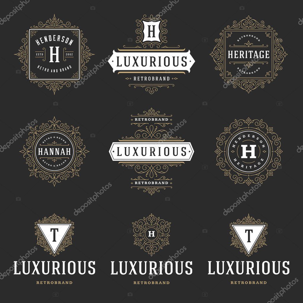 Logotipos de lujo plantillas conjunto, florece caligrafía elegantes ...