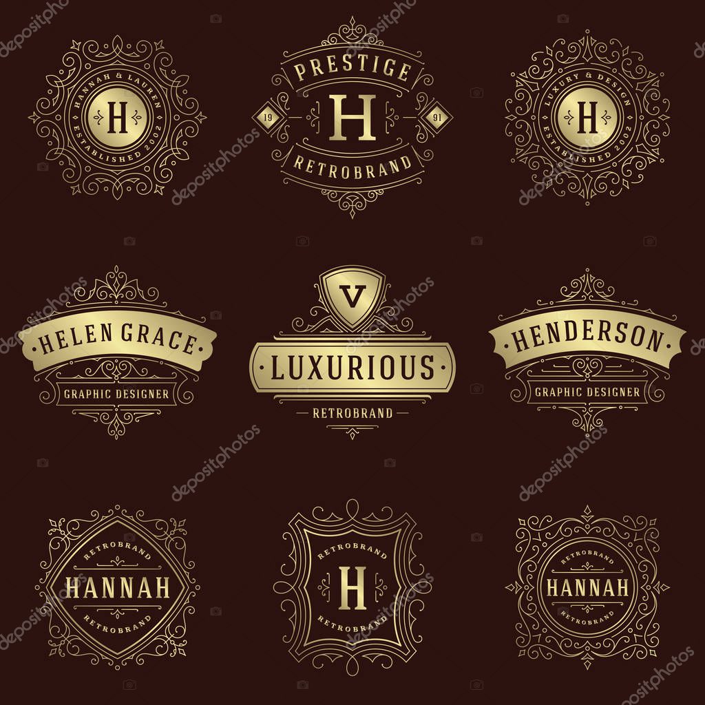 Logotipos de lujo plantillas conjunto, florece caligrafía elegantes ...