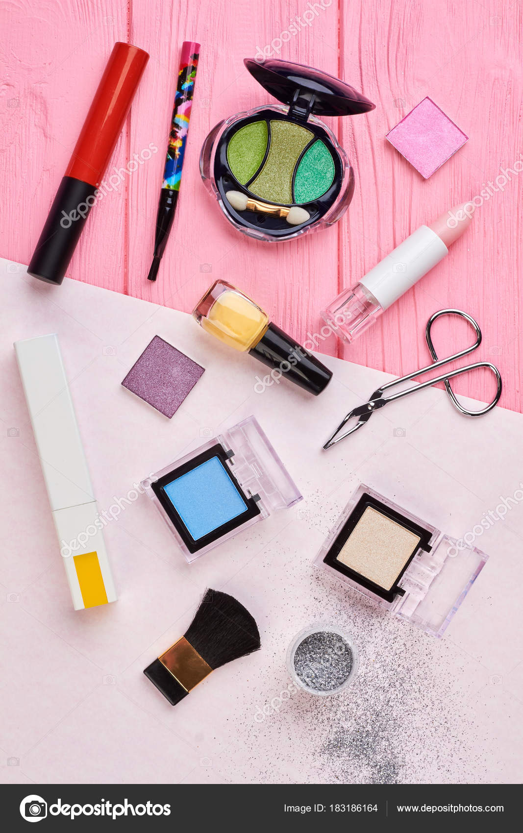 Cosmetics makeup objects, top view. Stock Photo by ©Denisfilm 183186164
