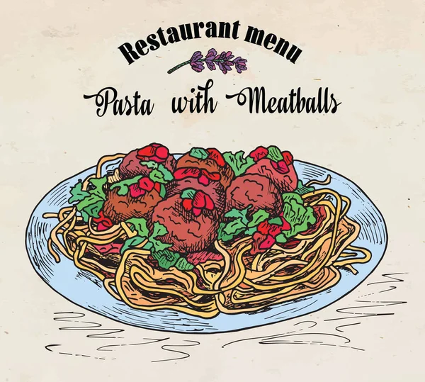 Beautiful hand drawing pasta with meatballs with tomato sauce ...