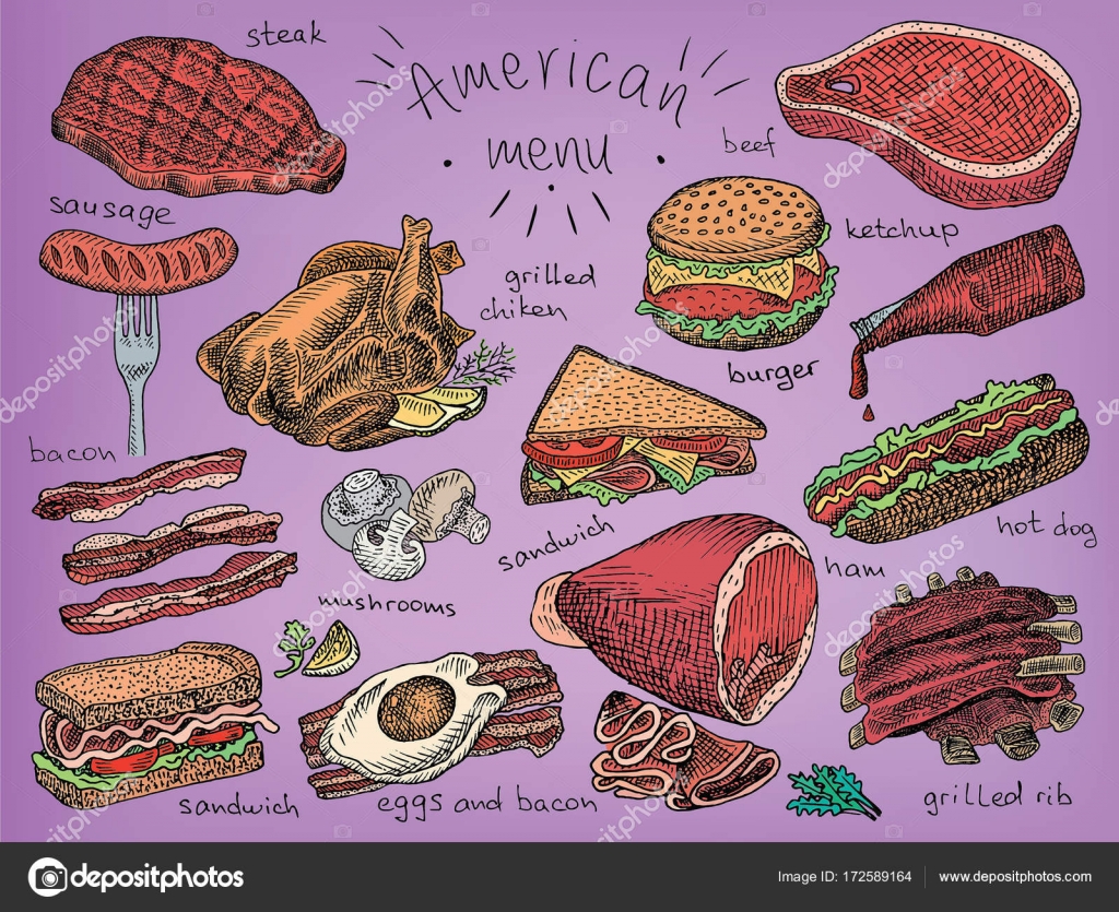 Menú americano, snack, jamón, queso, bistec, hamburguesa, champiñón ...
