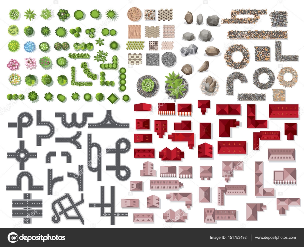 Collection for landscape,tree top view, stone floor texture, road plan ...