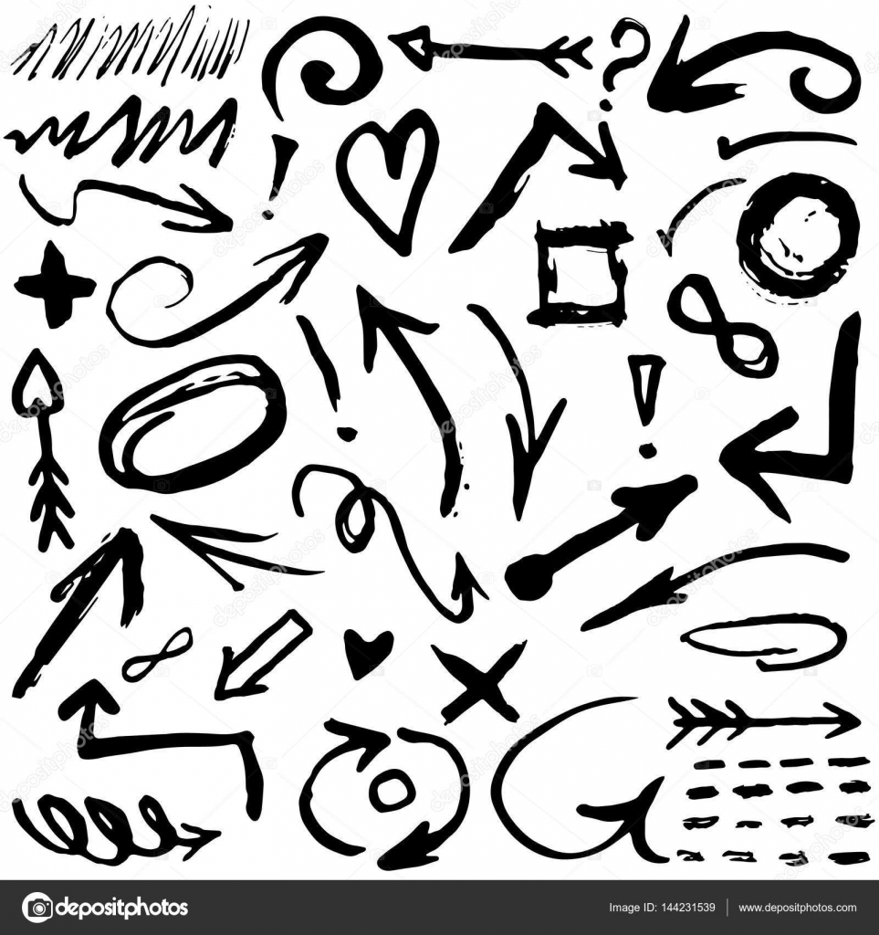 Set with different black watercolor symbols, objects. Hand drawn ...