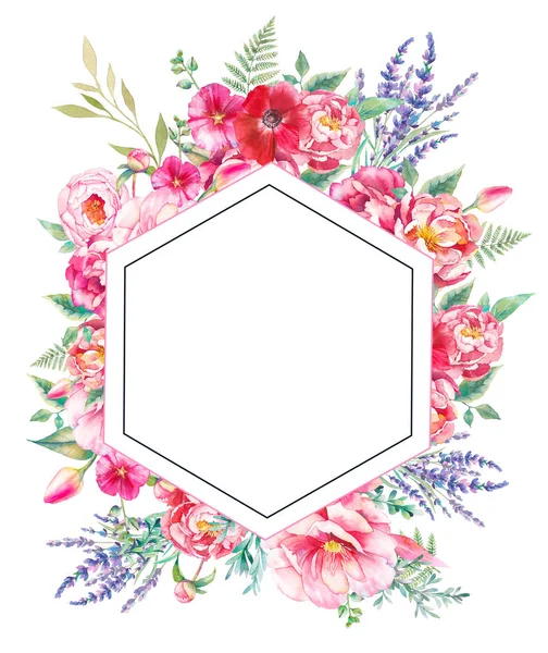 Hexagon floral frame. Hand drawn flowers card design with peony ...
