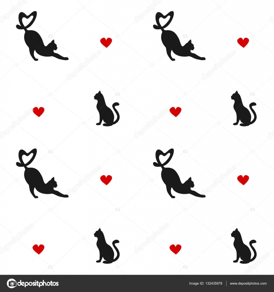 Schattig Silhouet Katten Met Hart Naadloze Vector Patroon Achtergrond