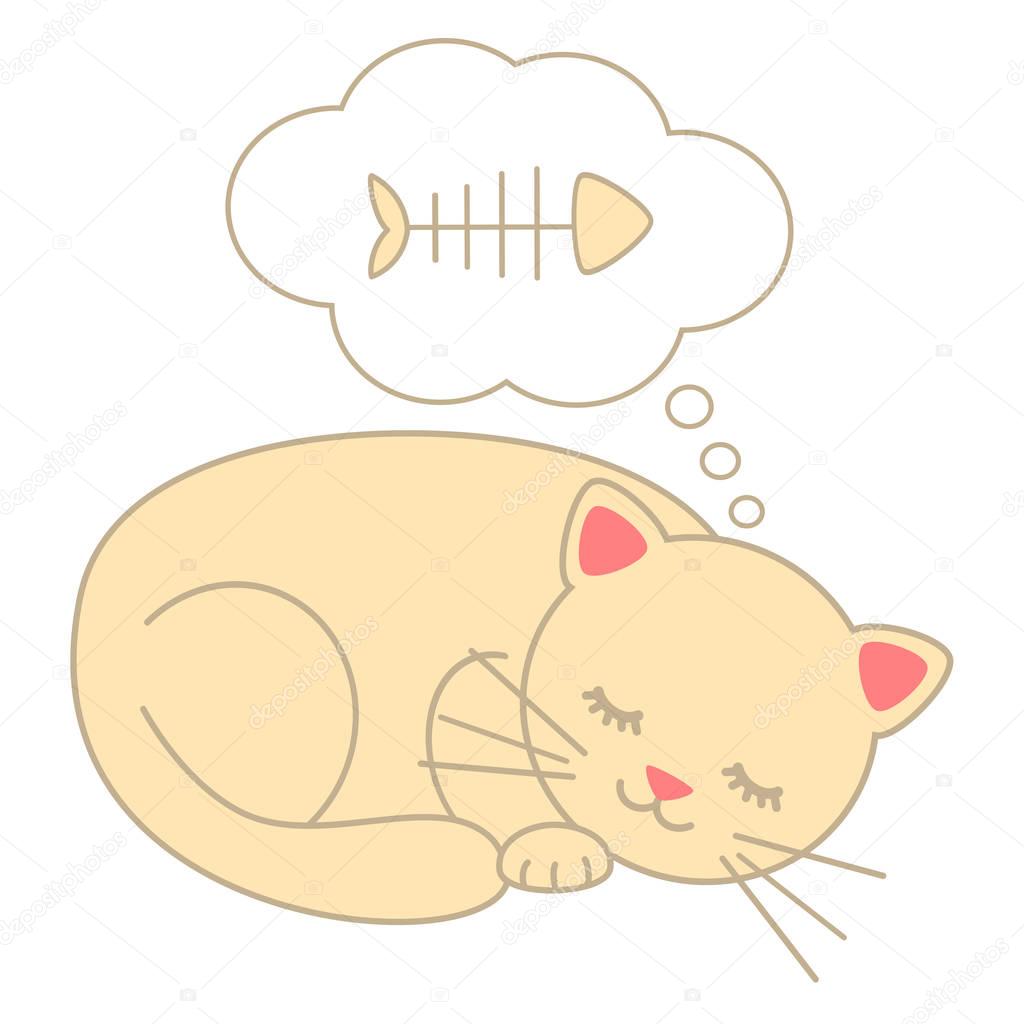 Cute cartoon sleeping cat dreaming fish bone vector illustration ... Cute cartoon sleeping cat dreaming fish bone vector illustration ...