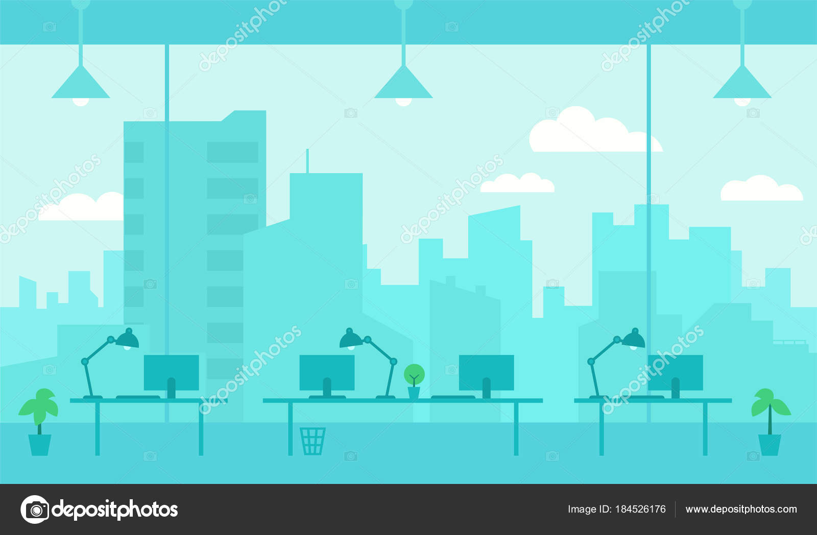 Office workplace. Blue color background room large window with splendid ...
