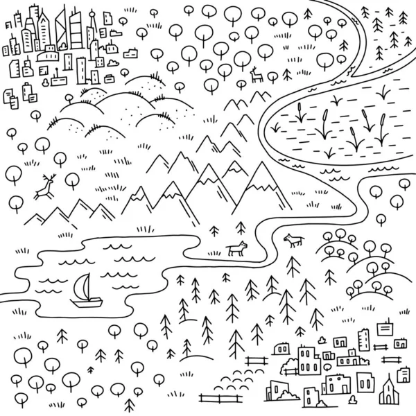 Map of the area. Cartoon city, mountains river and village. Forest ...