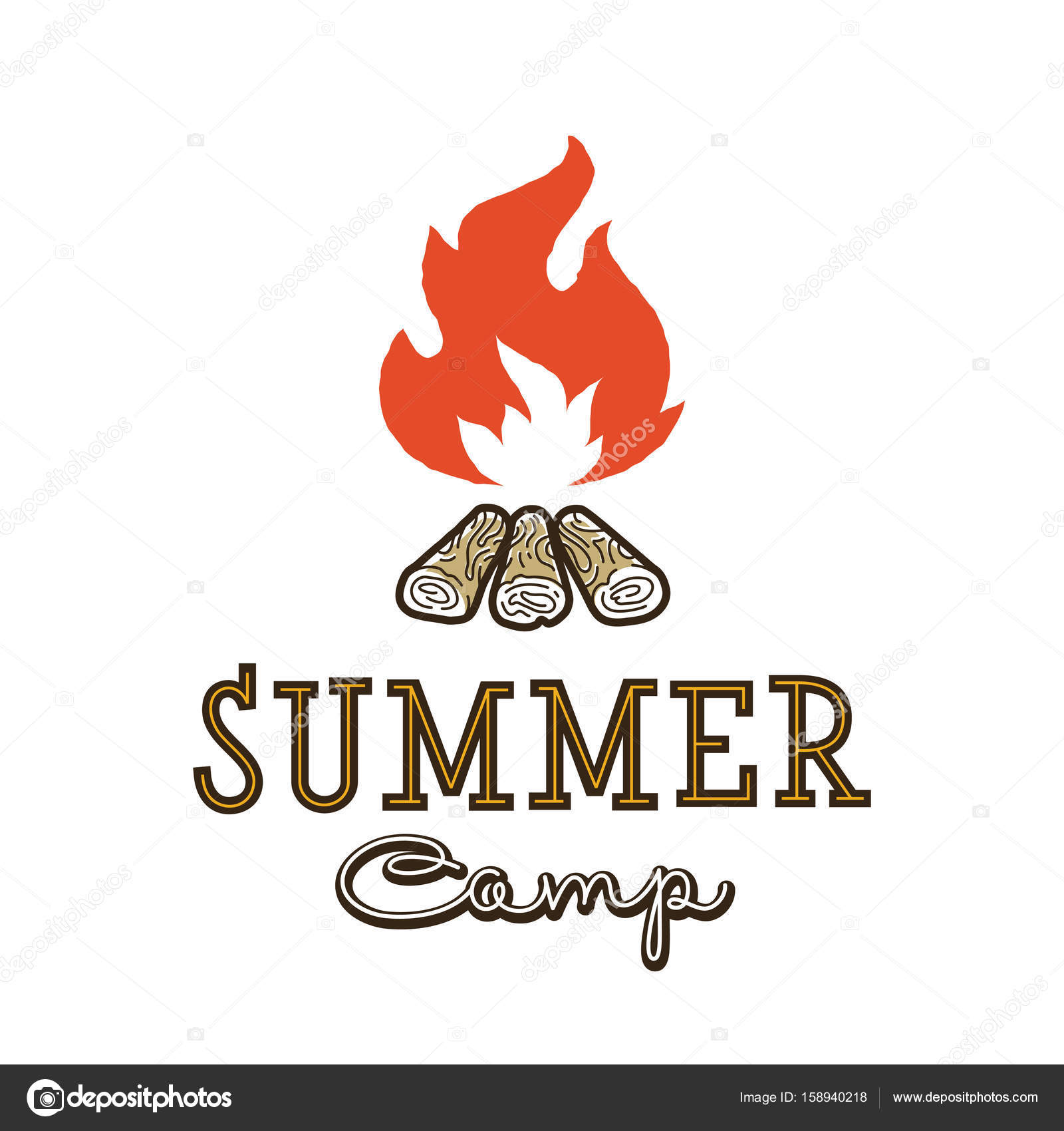 Hand drawn campfire typography badge. Summer camp illustration. Stock ...
