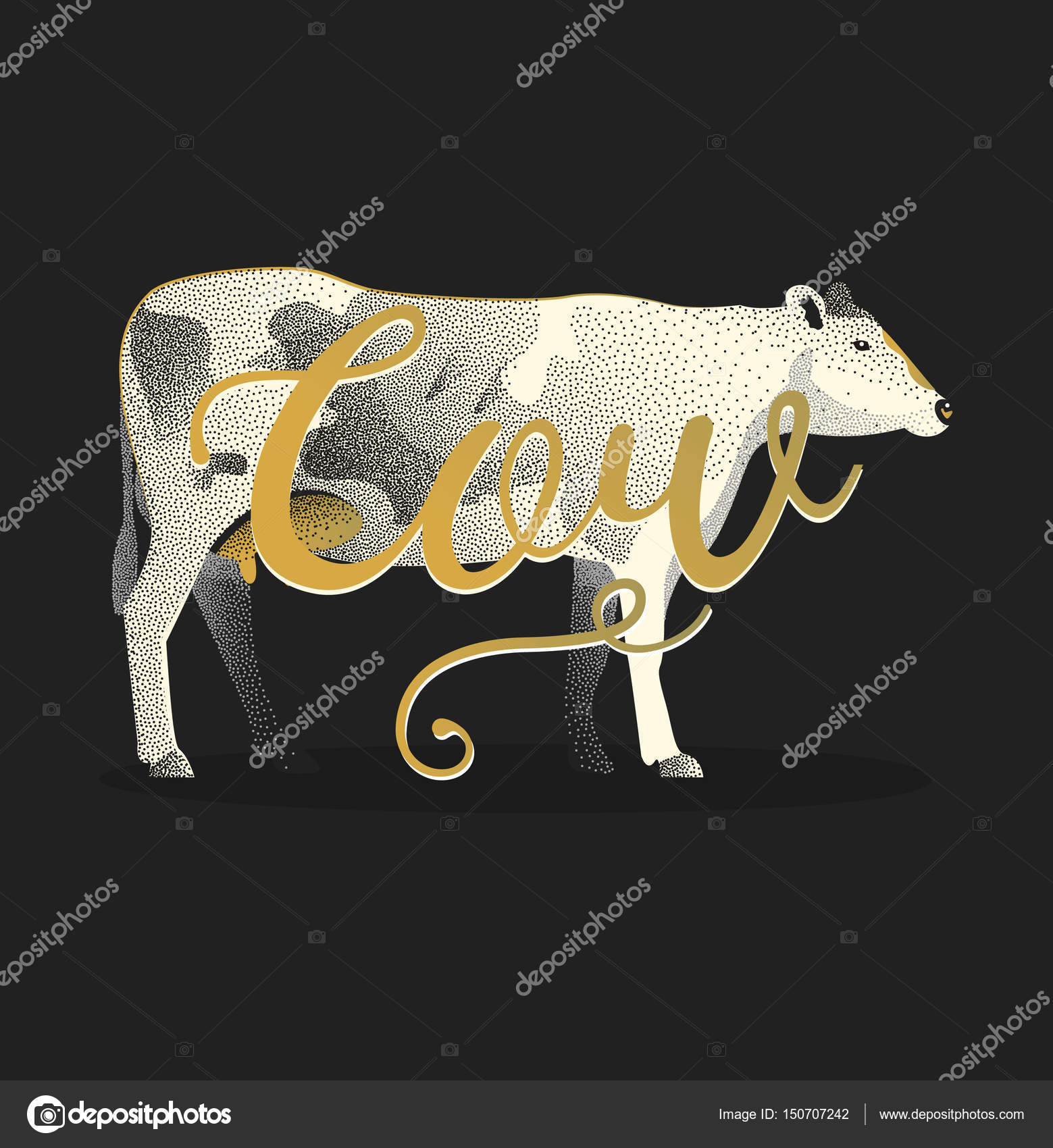 Cow. Hand drawn lettering card design. Pointilism graphic style. Stock ...
