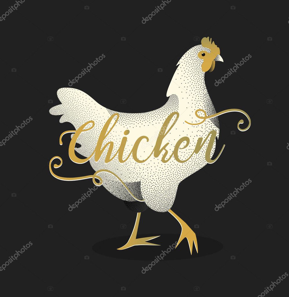 Pollo. Diseño de tarjetas de letras dibujadas a mano. Estilo gráfico ...