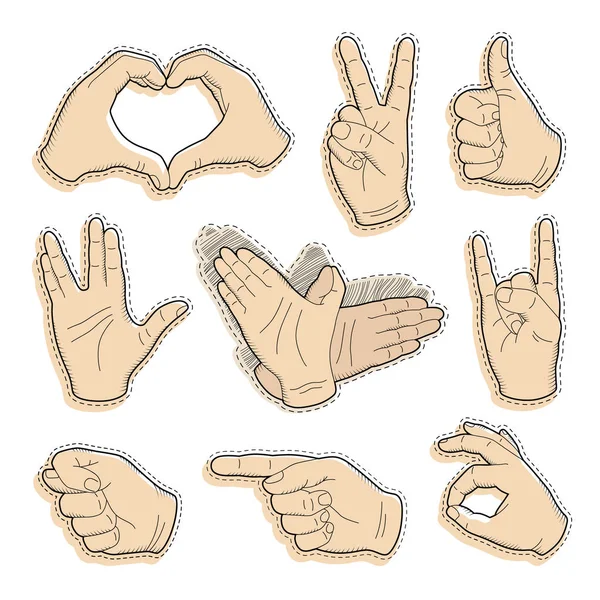 Human vintage hand gestures and signs. Gestures meaning Okay, Rock and Roll, pointer, a hand ...