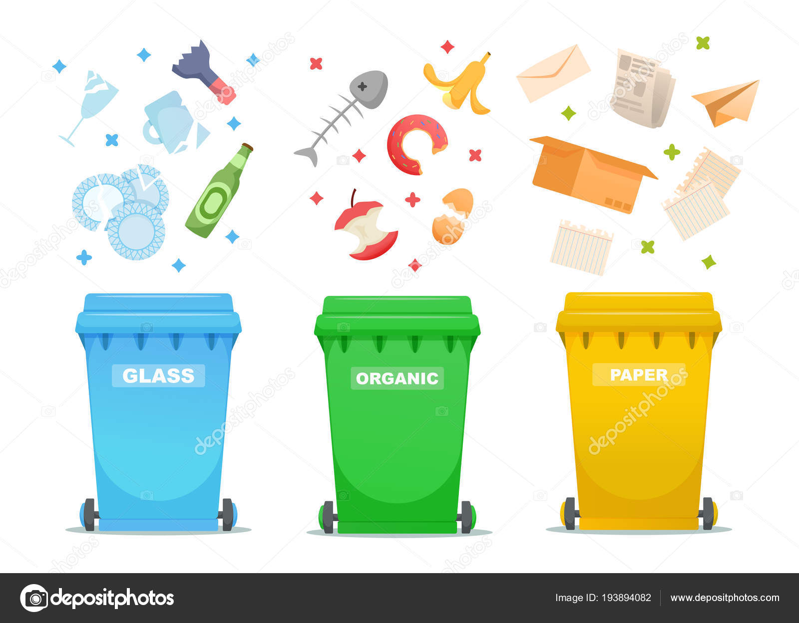 Recycling van afval pictogrammen, verschillende prullenbak container ...