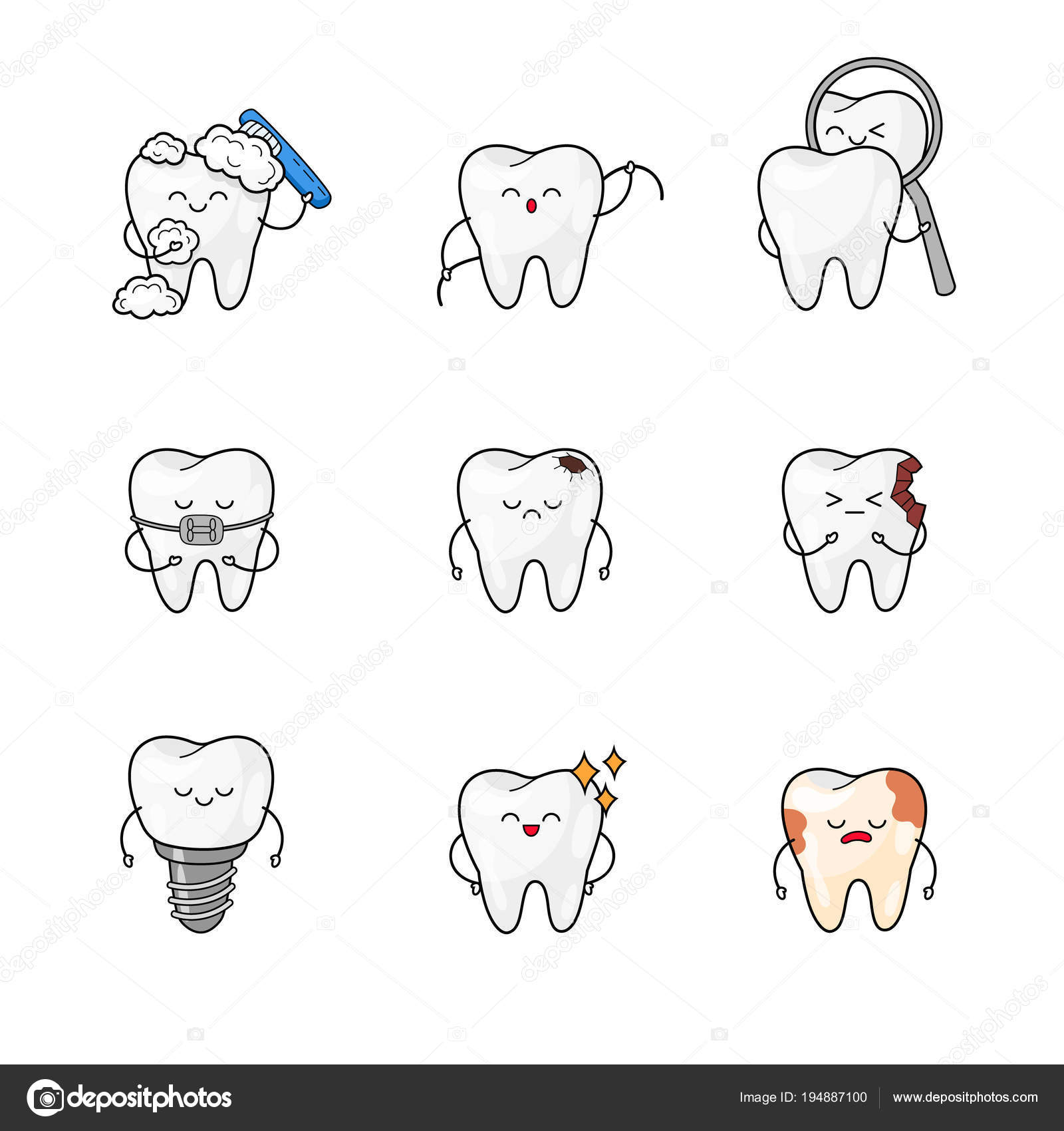 Happy teeth sticker set. Oral hygiene, teeth cleaning icons. Teeth ...