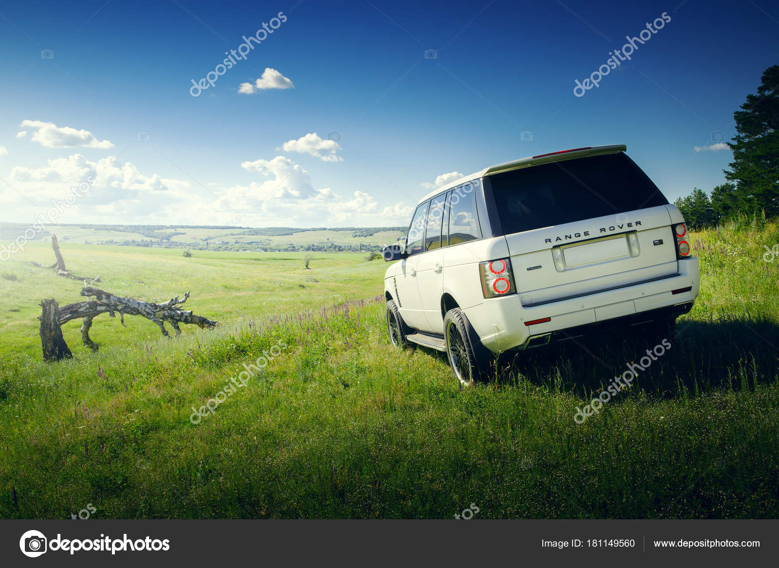 Car Land Rover Range Rover is standing at green grass meadow at summer ...