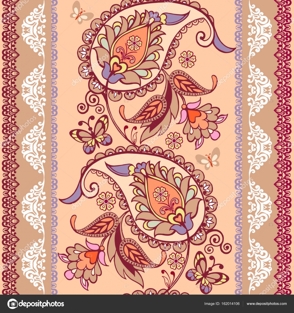 Striped seamless pattern with paisley. Floral wallpaper. Decorative ...