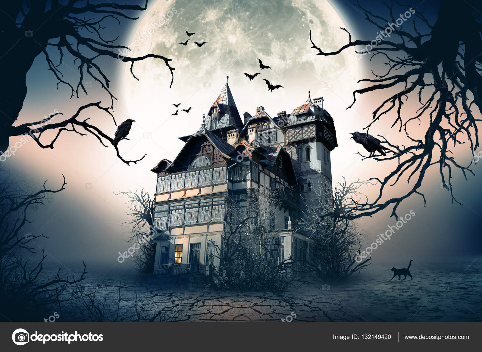 Haunted House with Crows and Spooky Atmosphere. Stock Illustration by ...