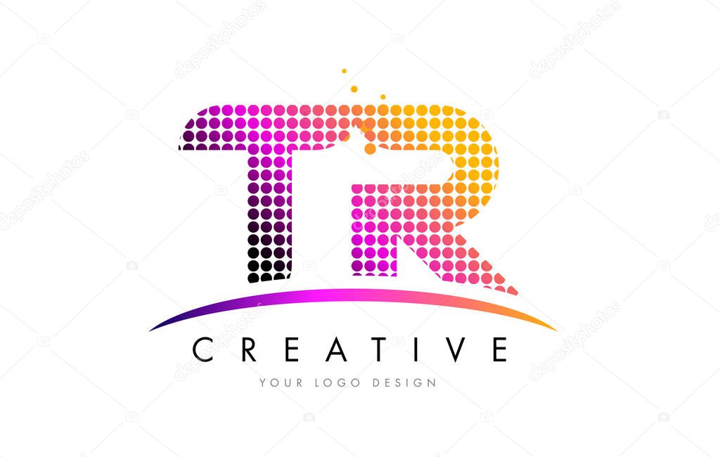Diseño del logotipo de la letra TR T R con puntos magenta y swoosh 2022