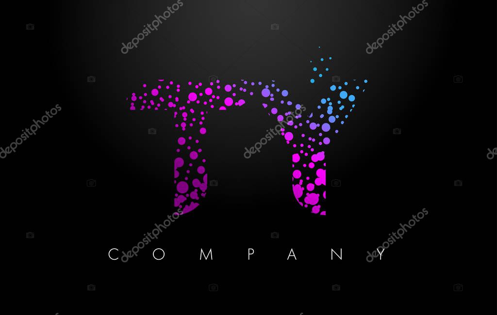 Logotipo de letra TY T Y con partículas púrpuras y puntos de burbuja 2024