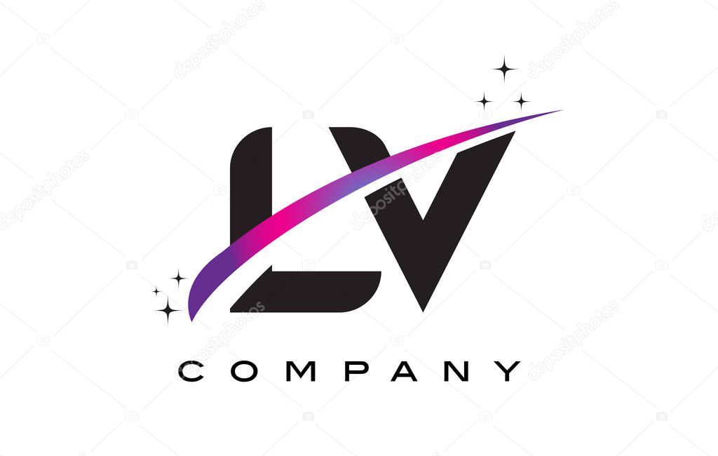 Diseño del logotipo de la letra negra LV L V con púrpura Magenta Swoosh 2023
