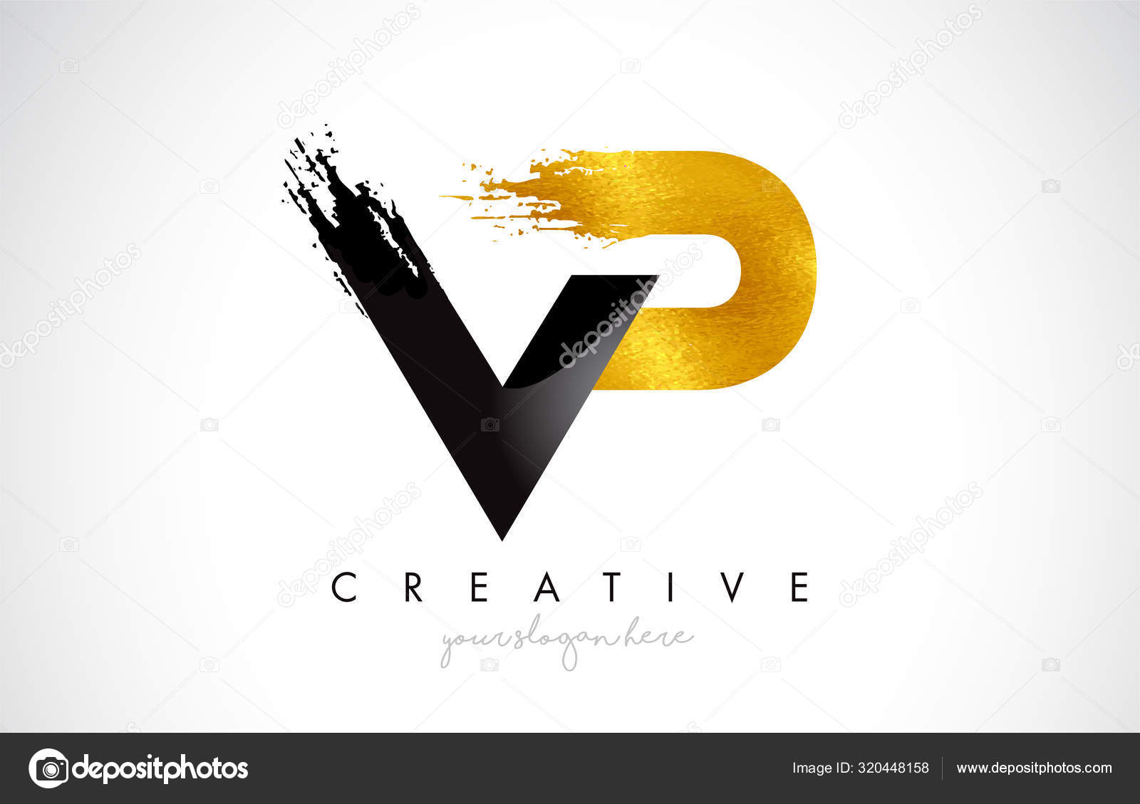 VP Letter Design with Black Golden Brush Stroke and Modern Look. Stock ...