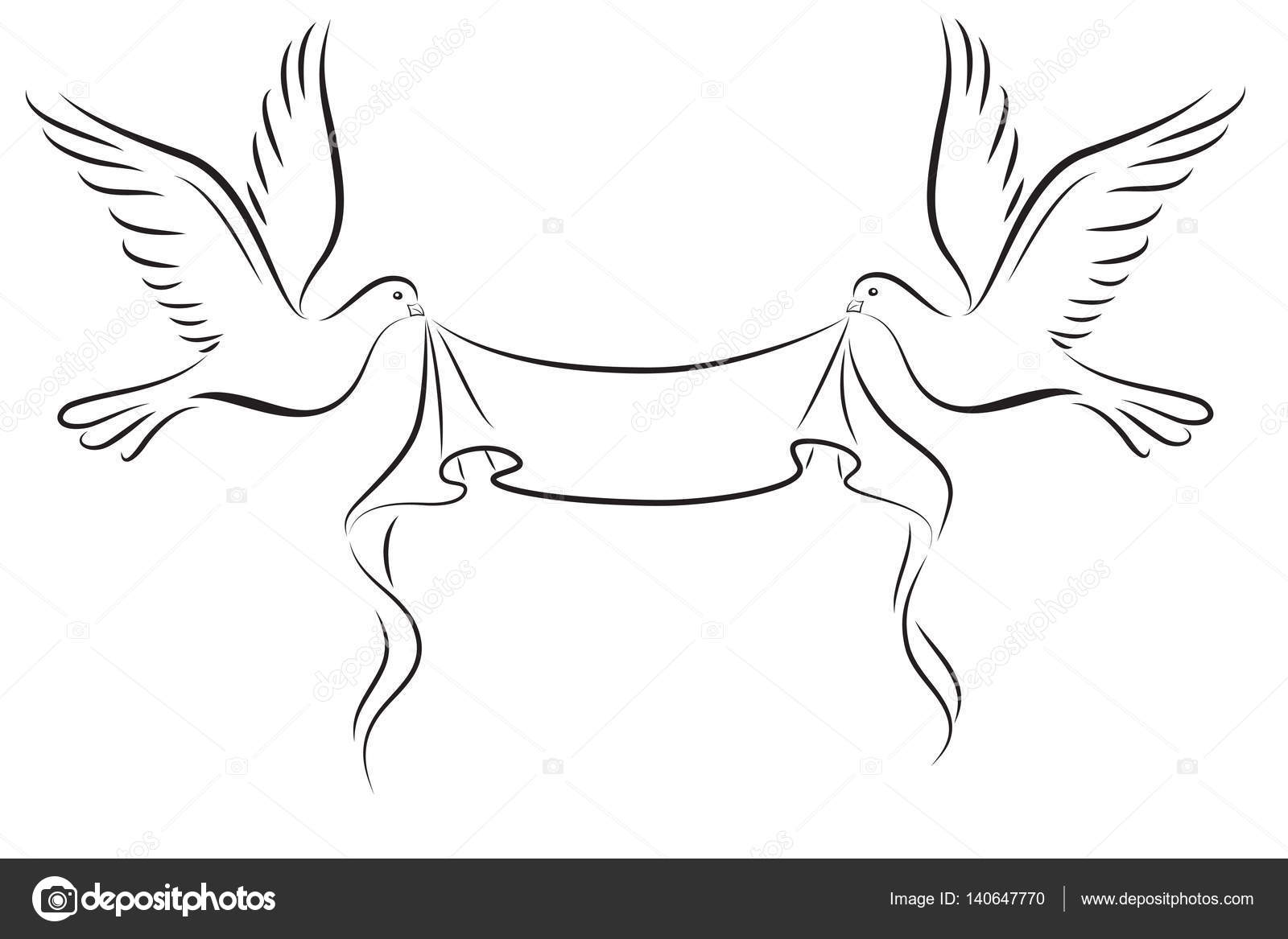 Doves carrying a ribbon. Black outlines. Banner. — Stock Vector ...