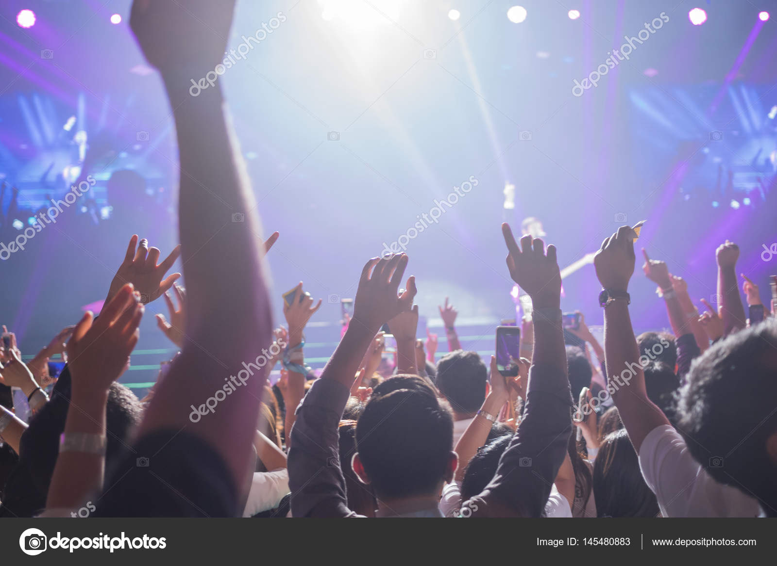 Crowd enjoying concert, large group celebrating new year holiday Stock ...