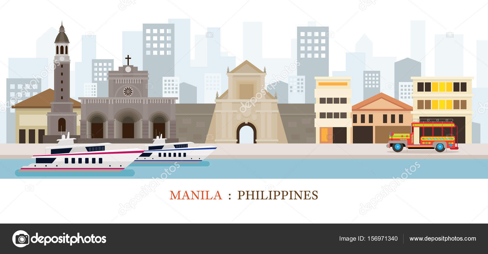 Manila, Filipíny památky Panorama Stock Vektor od ©muchmania 156971340
