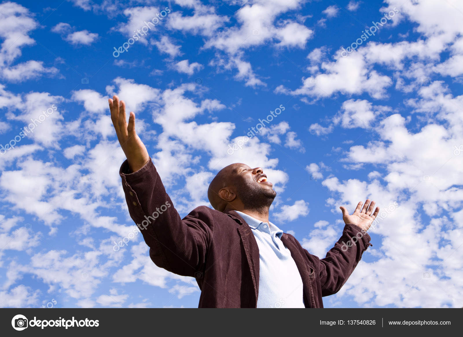 African American man stading outside with open arms. — Stock Photo ...