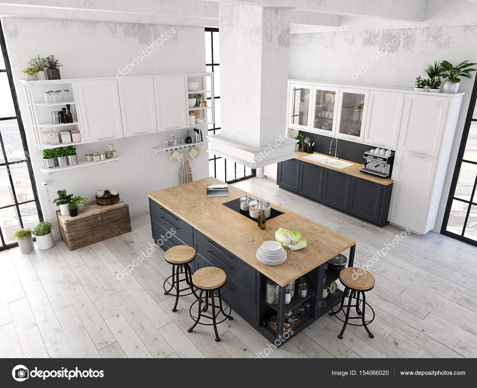 Modern nordic kitchen in loft apartment. 3D rendering — Stock Photo ...