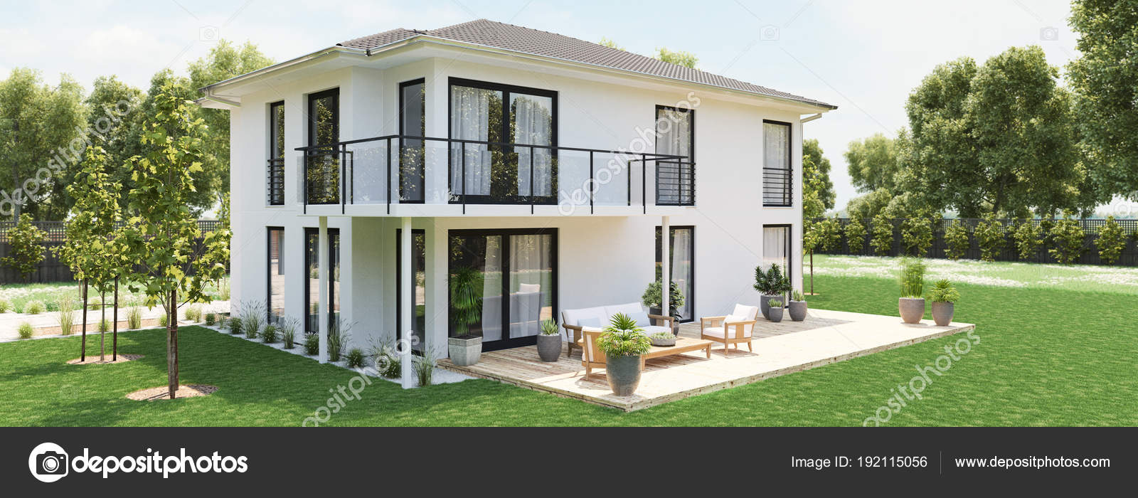 Modern new house with large property. 3D rendering Stock Photo by ...