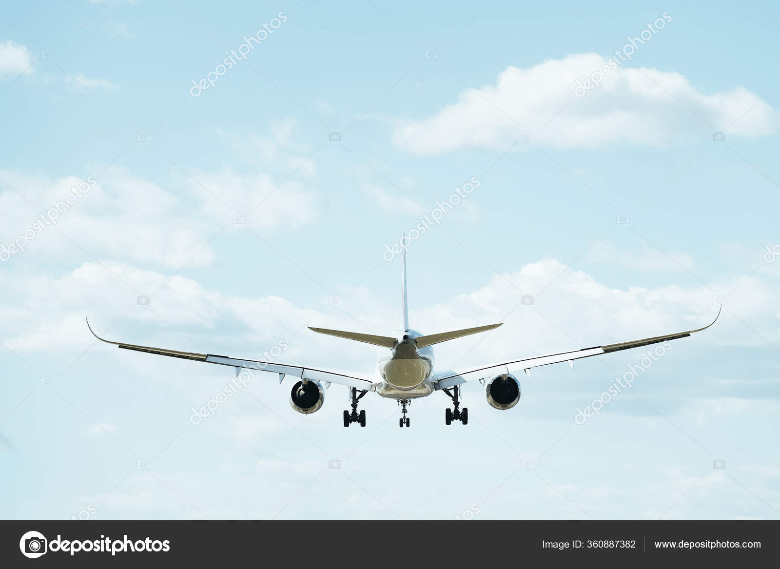 Rear View Commercial Plane Flying Clear Blue Sky Some Clouds — Stock ...