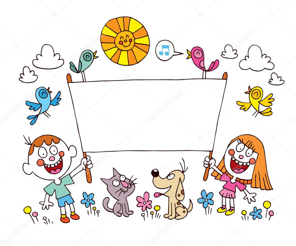 Niños sosteniendo una pancarta Vector de Stock de ©Aliasching 155793806