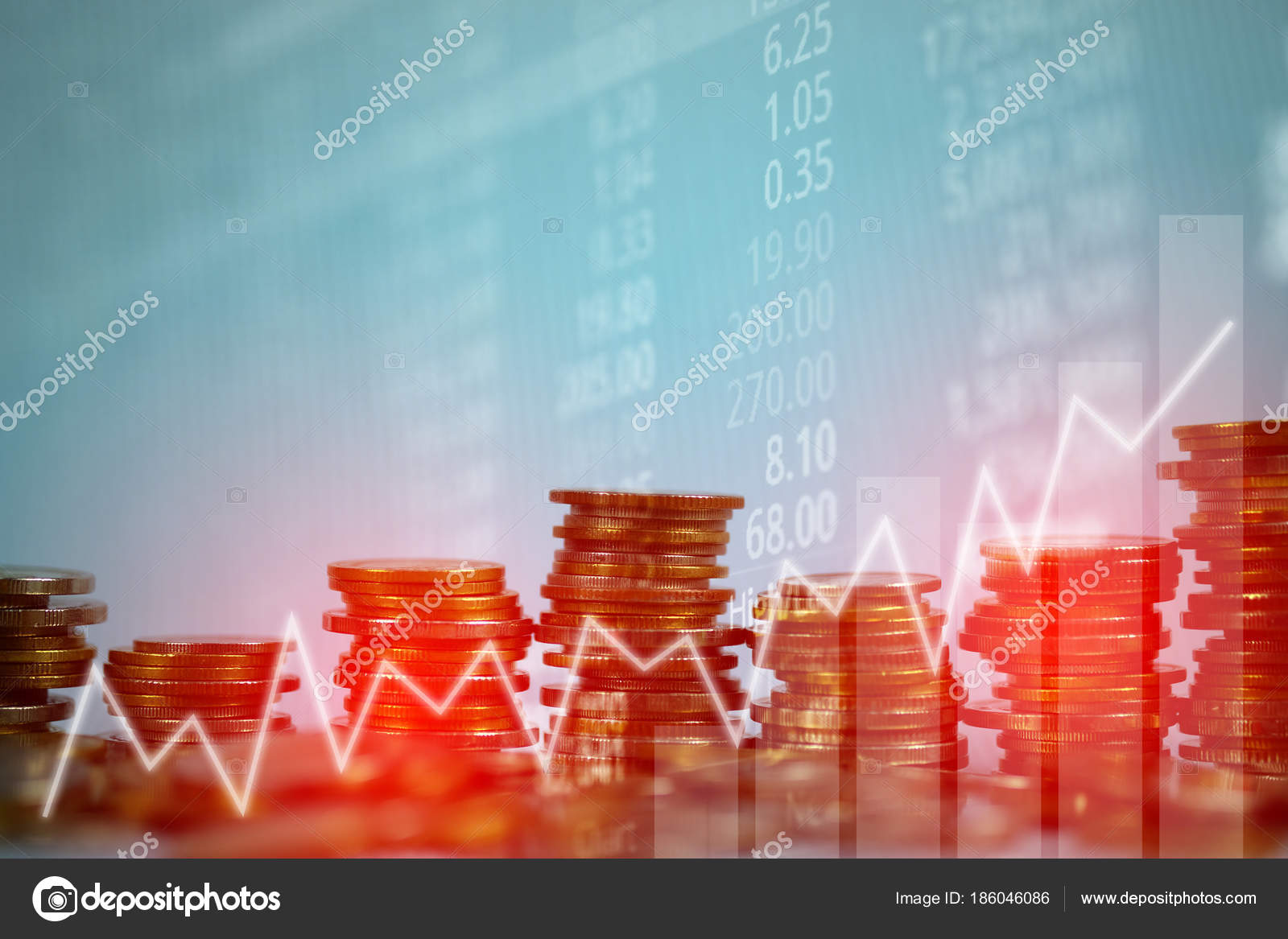 Double exposure of coin stack with stock market screen chart boa Stock ...