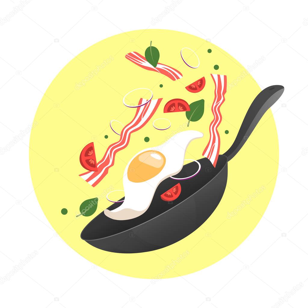 Proceso De Cocción Ilustración Vectorial Voltear El Huevo Frito En Una